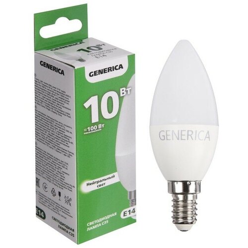 Лампа светодиодная GENERICA C35, 10 Вт, свеча, 4000 К, E14, 230 В, LL-C35-10-230-40-E14-G