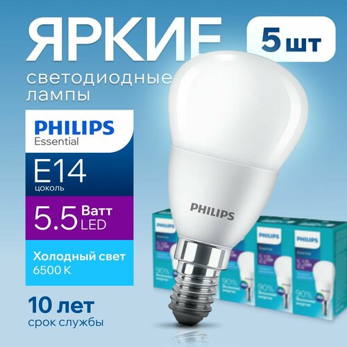 Лампочка светодиодная Philips Е14 5.5 Ватт холодный свет шар 6500К матовая 450лм P45 ESS LEDLustre 5.5W 865, набор 5шт.