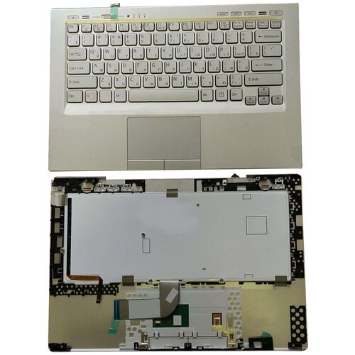 Клавиатура (топ-панель) для ноутбука Sony Vaio VPC-SC серебряная с серебристым топкейсом и подсветкой