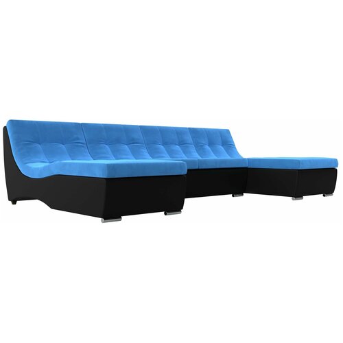 П-образный модульный диван Монреаль, Велюр голубой, Экокожа черная