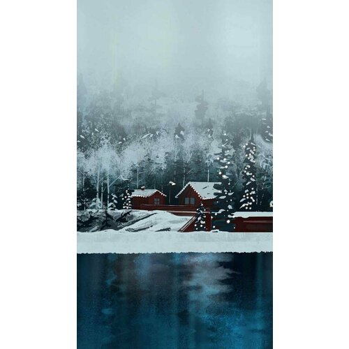 Картина на холсте 60x110 LinxOne "Дом, озеро, лес, снег, вертикальный" интерьерная для дома / на стену / на кухню / с подрамником