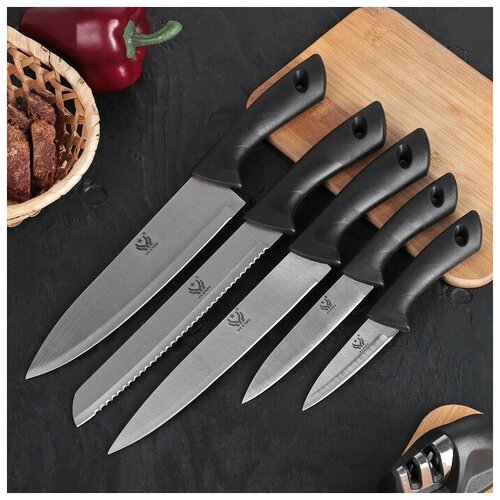 --- Набор кухонных ножей «Энеолит», 5 предметов: лезвие 8,5 см, 12,5 см, 19,5 см, 20 см, 20 см, цвет чёрный