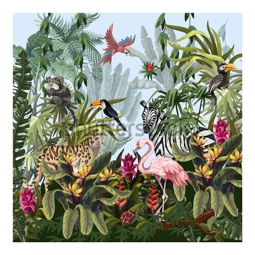 Постер на холсте Джунгли пейзаж с дикими животными 30см. x 30см.