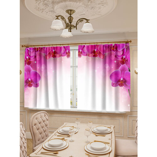 Фотошторы для кухни LeJoy Home из габардина "Розово сиреневые цветы на белом фоне" 180х290 см. (2 шт. 145х180 см (каждая).