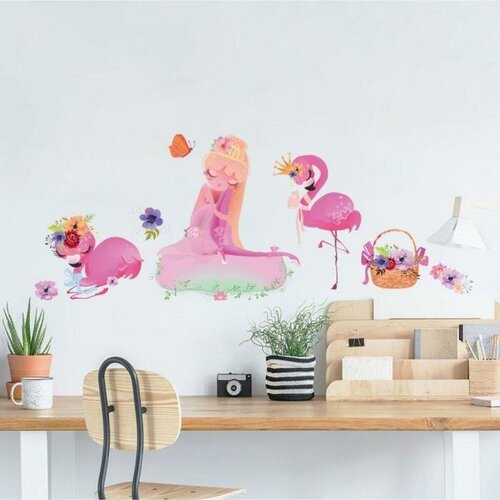 Наклейка интерьерная КНР пластик, цветная "Розовые фламинго и девочка" 50х70 см (6770355)