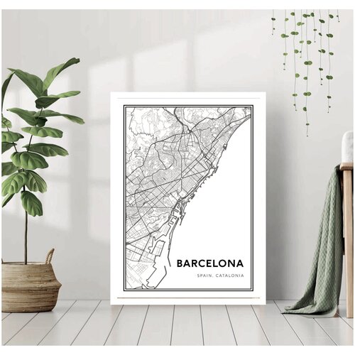 Постер в раме "Барселона. Карта города" 40 на 50 / Картина для интерьера в белой рамке / Плакат / Постер на стену / Интерьерные картины