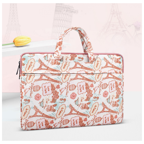 Красочная красивая сумка-папка MyPads M-01DZ для ноутбука Irbis Acer Lenovo Prestigio Xiaomi Digma MacBook с ручкой для переноски тематика "Париж" розового цвета из ткани. (13.3" дюймов)