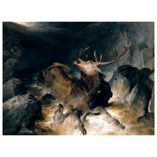Репродукция на холсте Олень в горах (Deer and Deer Hounds in a Mountain Torrent,) Лендсир Эдвин Генри 67см. x 50см.