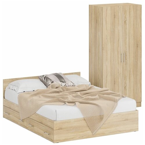 Кровать двуспальная с ящиками 1600 со шкафом для одежды 2-х створчатым Стандарт, цвет дуб сонома, спальное место 1600х2000 мм, без матраса, основание