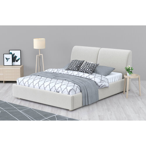 Двуспальная кровать бекка 160х200, с мягким изголовьем, белый, микрошенилл, деревянная, на ножках