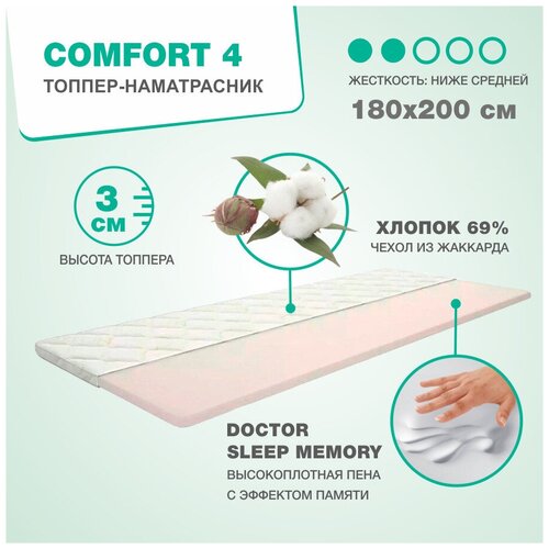 Матрас топпер COMFORT 4, беспружинный, средне-жесткий, 180х200х3 см, Delicatex
