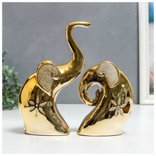 --- Сувенир керамика "Золотые слоны - роспись цветы" набор 2 шт 14,5х6х12 см 22х6,5х12,5 см