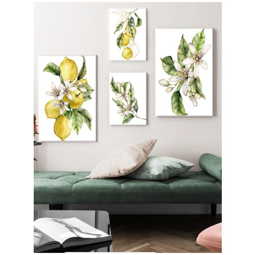 Модульная картина/принт "Лимон и цветы"60-40см 2шт, 40-30см 2шт