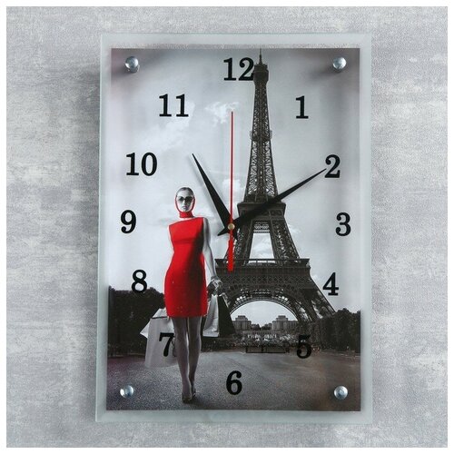 Сюжет Часы-картина настенные, серия: Город, "Девушка в красном платье в Париже" 25х35 см