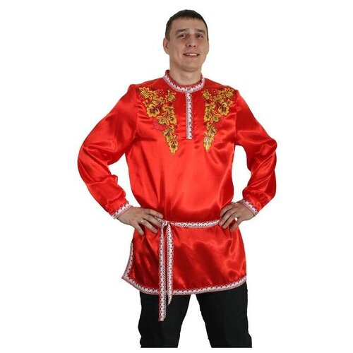 Рубаха русская мужская "Хохлома. Цветы", атлас, р-р 56-58, цвет красный