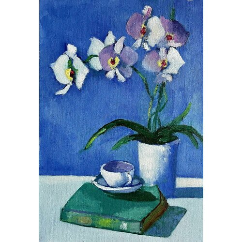 Картина маслом ручной работы Цветы орхидеи, книжка, чашка 30 на 20см