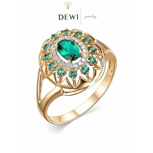Кольцо Dewi, красное золото, 585 проба, изумруд, бриллиант, размер 17.5, ширина 15 мм, зеленый, белый