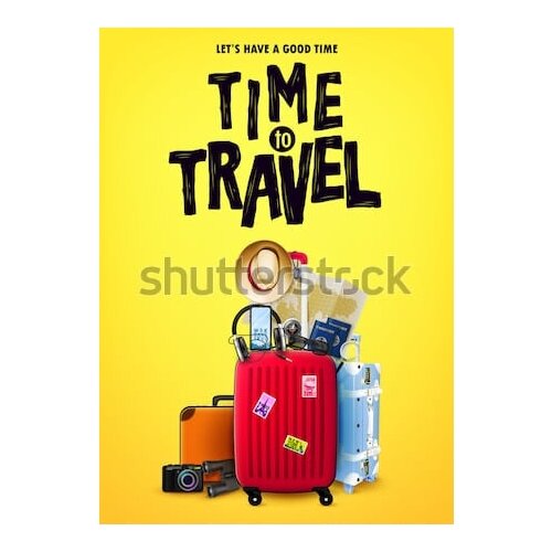 Постер на холсте Яркий плакат на тему туризма и путешествий с чемоданами, фотокамерой, биноклем и паспортами 30см. x 42см.
