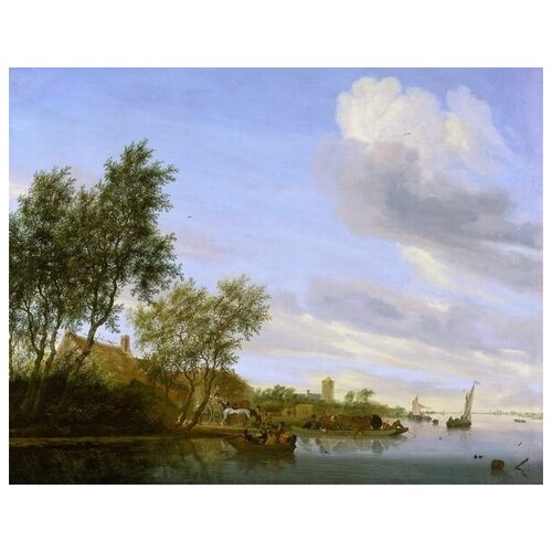 Репродукция на холсте Речной пейзаж (River Landscape) №2 Саломон ван Рейсдаля 38см. x 30см.