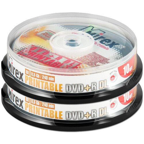 Диск DVD+R Double Layer 8.5Gb Mirex 8x Printable cake, упаковка 20 шт. (2 банки по 10)