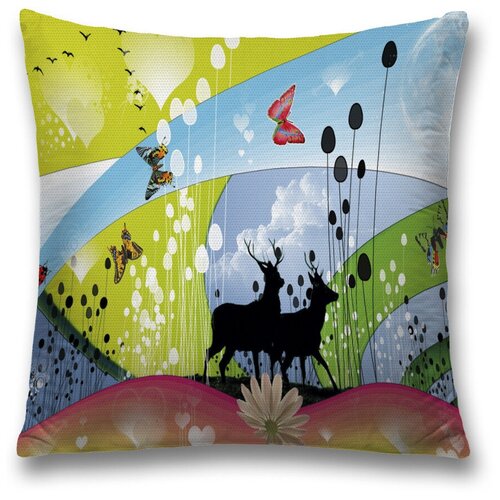 Наволочка декоративная на молнии, чехол на подушку JoyArty "Олени в красочном лесу" 45х45 см