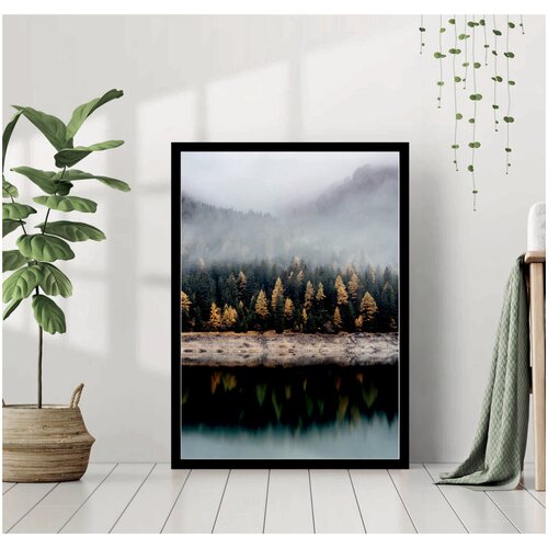 Постер В рамке "Пейзаж. Лес, отражение в воде" 40 на 50 (черная рама) / Картина для интерьера / Плакат / Постер на стену / Интерьерные картины