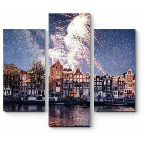 Модульная картина Яркий фейерверк в ночном небе Амстердама 120x108