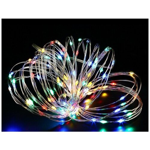 Электрогирлянда волшебные капельки (роса), 100 ультра ярких разноцветных mini LED-ламп, 10+1.5 м, провод-серебристая проволока, SNOWHOUSE