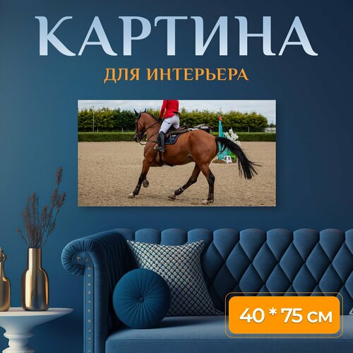 Картина на холсте "Лошадь прыгает, прыжки, конный спорт" на подрамнике 75х40 см. для интерьера