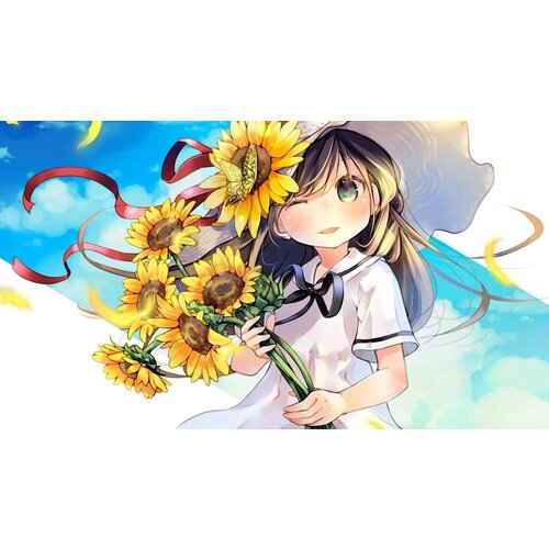 Картина на холсте 60x110 LinxOne "Цветы аниме подсолнухи девочка" интерьерная для дома / на стену / на кухню / с подрамником