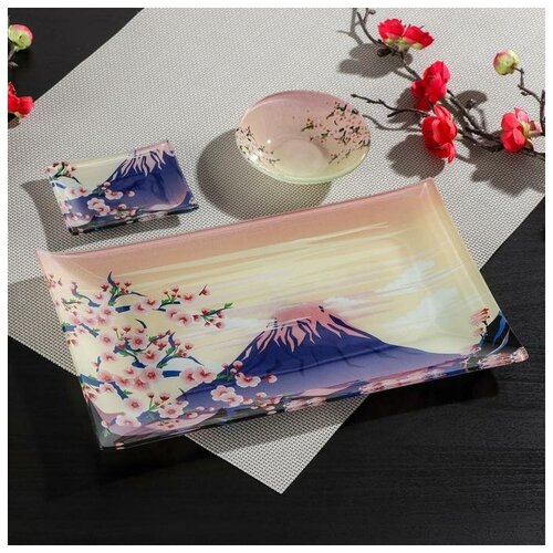 Набор для суши Доляна «Фудзияма», 3 предмета: соусники 8×2 см, 8×6 см, подставка 25×15 см