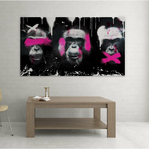 Интерьерная картина на натуральном холсте - Три обезьяны граффити, 50 х 25 см.