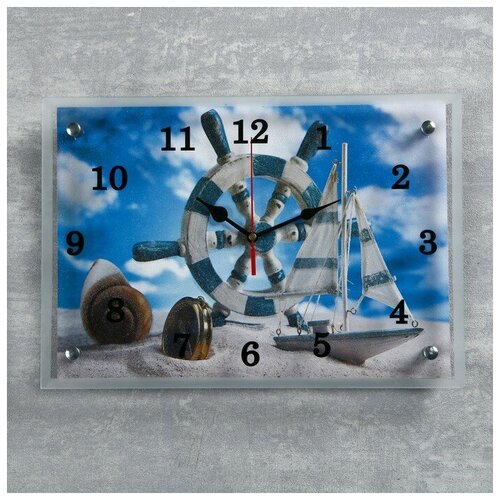 Часы настенные, серия: Море, "Штурвал и яхта на песке", 25х35 см