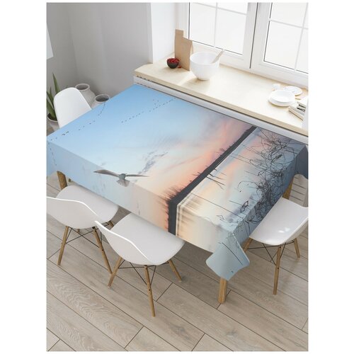 Скатерть прямоугольная JoyArty на кухонный стол "Чайка над озером" из оксфорда, 180x145 см