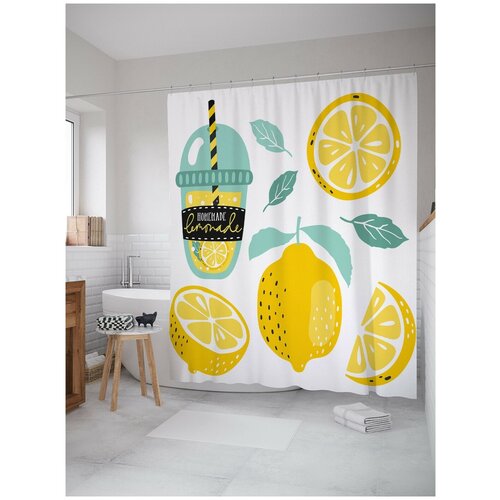 Штора водоотталкивающая для ванной, занавеска в ванную комнату тканевая JoyArty "Лимоны для лимонада", 180х200 см