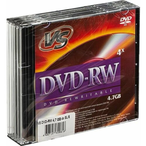 VS Диск для записи Носители информации DVD-RW, 4x, VS, Slim/5 шт.