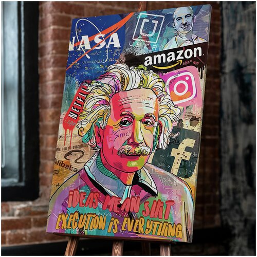 Картина на холсте "Мысли как Эйнштейн" для гостиной, дома и офиса / Уличное граффити, поп арт, современный постер, мотивация, панно, постер
