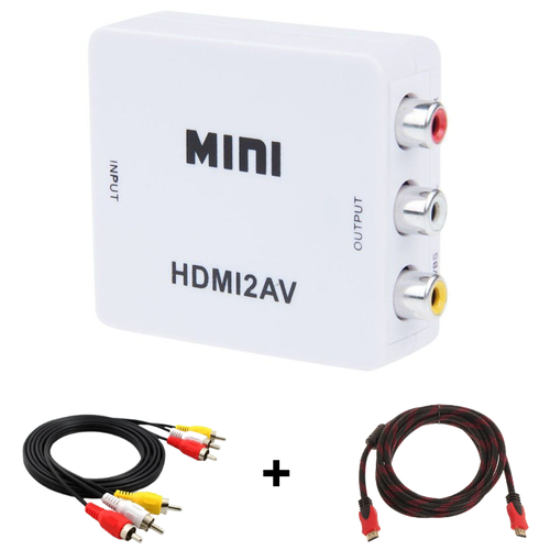 Конвертер переходник из HDMI в AV (HDMI2AV) / комплект с проводами RCA и HDMI / белый