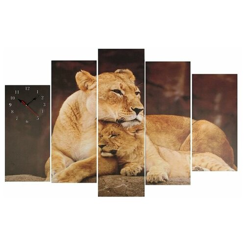 Часы настенные, модульные, серия: Животный мир, "Львица со львенком", 80х140 см