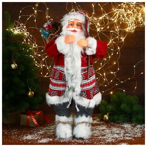 Зимнее волшебство Дед Мороз "В красной шубке с орнаментом, с подарками" 35х60 см