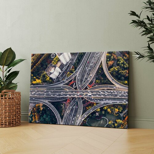 Картина на холсте (Вид на оживленный перекресток с несколькими дорогами) 40x60 см. Интерьерная, на стену.