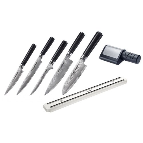 SD-0250МБДЭТ набор из 5-ТИ кухонных ножей SAMURA DAMASCUS универсальный, слайсер, обвалочный, ШЕФ, сантоку, магнитный держатель и электроточилка