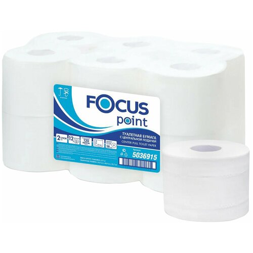 Туалетная бумага с центральной подачей Focus Point 5036915, двухслойная, 12 рулонов по 120 м (686 листов)