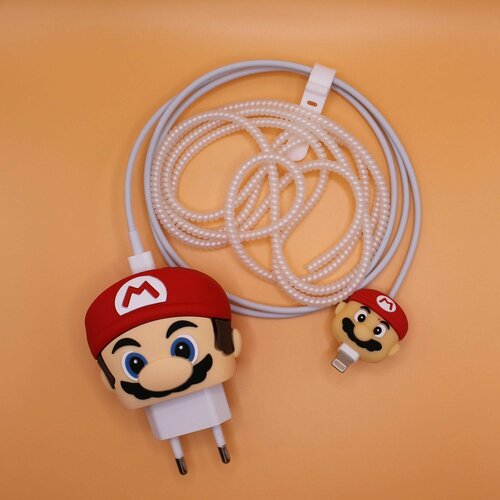 Комплект с обмоткой-спиралью для кабеля и защитный чехол для зарядки / защита кабеля от излома / Супер Марио Mario (белый перламутр)