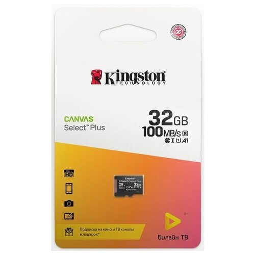 Карта памяти Kingston Canvas Select Plus microSDHC UHS-I Class 10 32GB + подписка билайн тв на 2 месяца