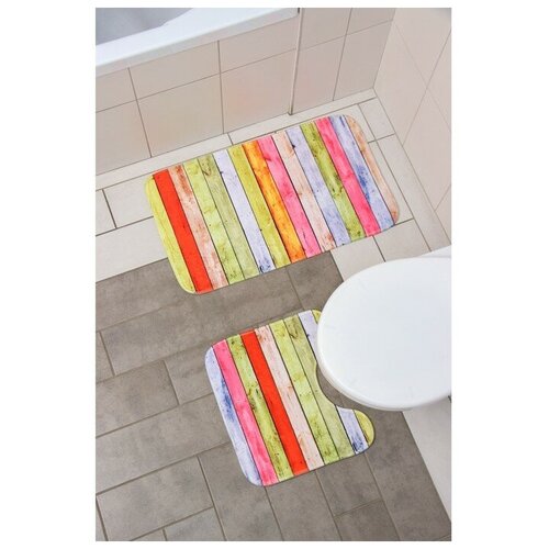 Набор ковриков для ванной и туалета Доляна «Цветные деревяшки», 2 шт: 38×45, 45×75 см