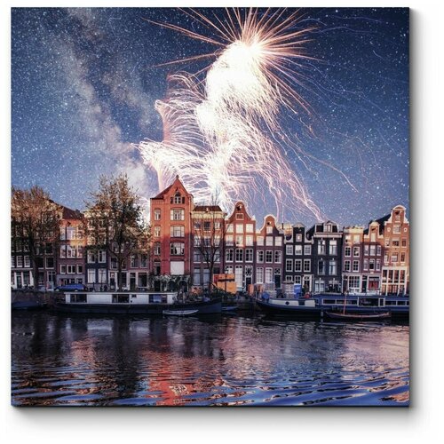 Модульная картина Яркий фейерверк в ночном небе Амстердама 40x40