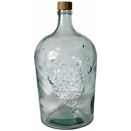 Большая стеклянная бутылка, 5 л, с пластиковой крышкой, рисунок виноградная лоза. Является идеальным подарком для винодела