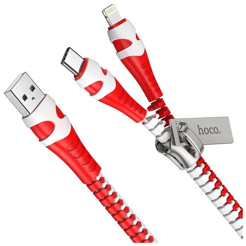 Кабель USB HOCO U97 2-in-1 Zipper, USB - Type-C+Lightning, 2.4А, 0.96 м, красный/белый