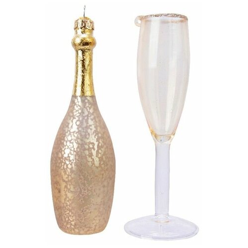 Набор ёлочных игрушек душа шампанского (бутылочка и бокал), стекло, 12.5 и 13.5 см, Kaemingk 120868